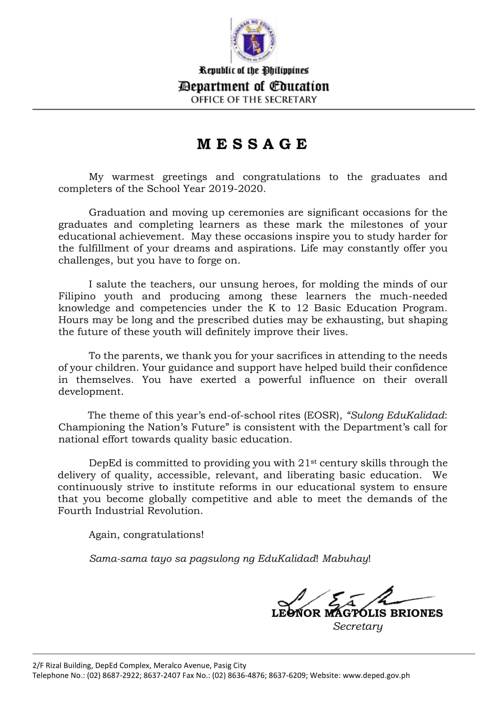 Secretary’s Message on the Graduation/Moving-up Ceremonies for School ...