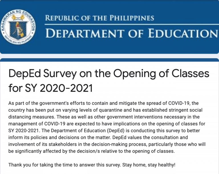 DepEd Survey on the Opening of Classes for SY 2020-2021