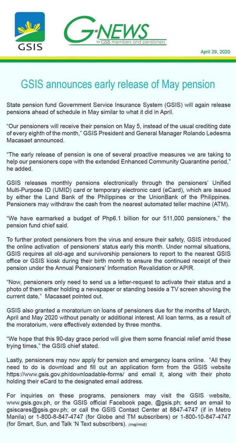 GSIS announces early release of May pension for members