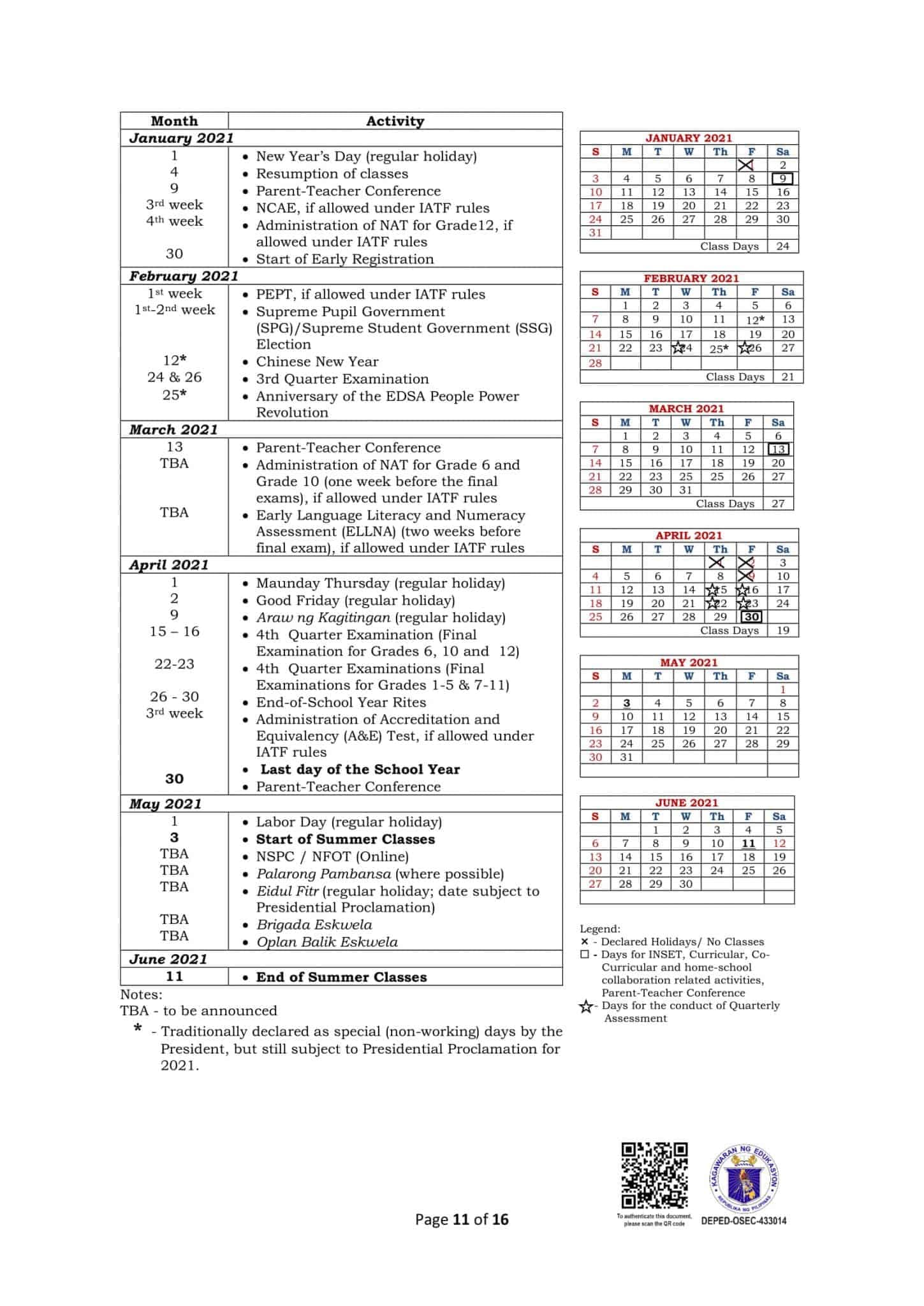 DepEd Monthly School Calendar of Activities for School Year 2020-2021