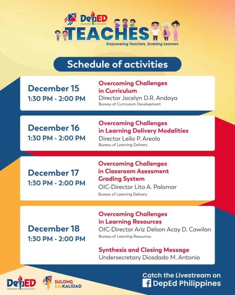 DepEd Teaches Schedule of Activities for December 15-18, 2020